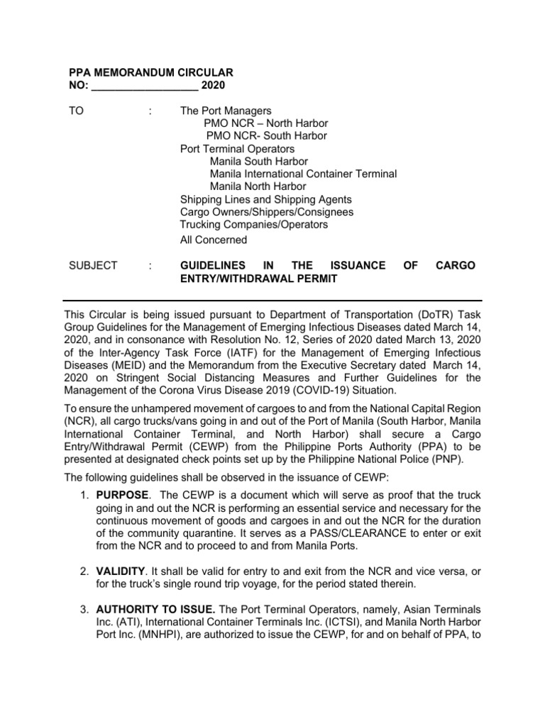 Philippine Ports Authority Memorandum Circular 09 - 2020: Cargo Entry ...