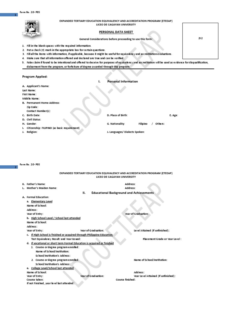 Form 2.0 General Portfolio of ETEEAP Student Form | PDF | Academic ...