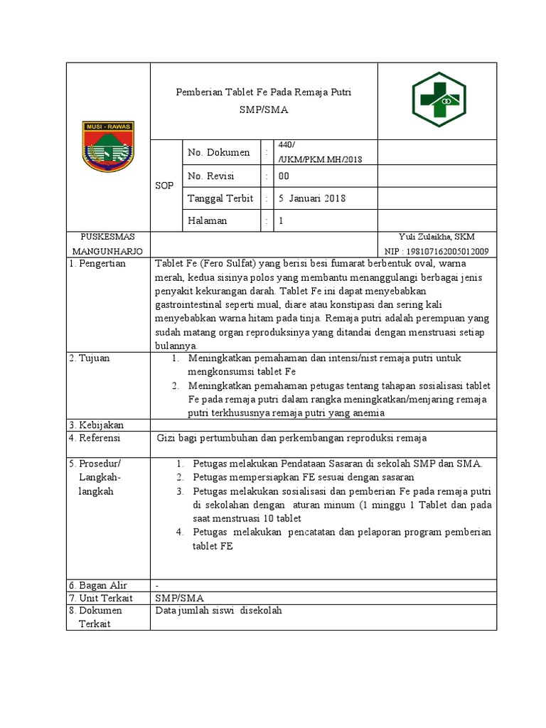 Pemberian Tablet Fe Pada Remaja Putri SMP | PDF