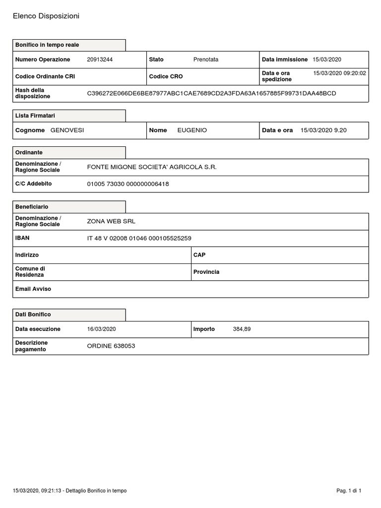Bonifico ORDINE 638053 PDF | PDF
