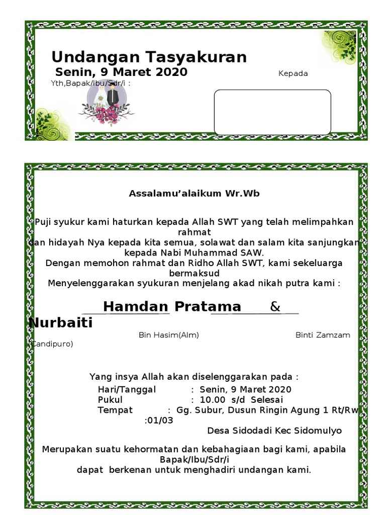 Contoh - Surat - Undangan - Syukuran - Pernikahan Aaaa | PDF
