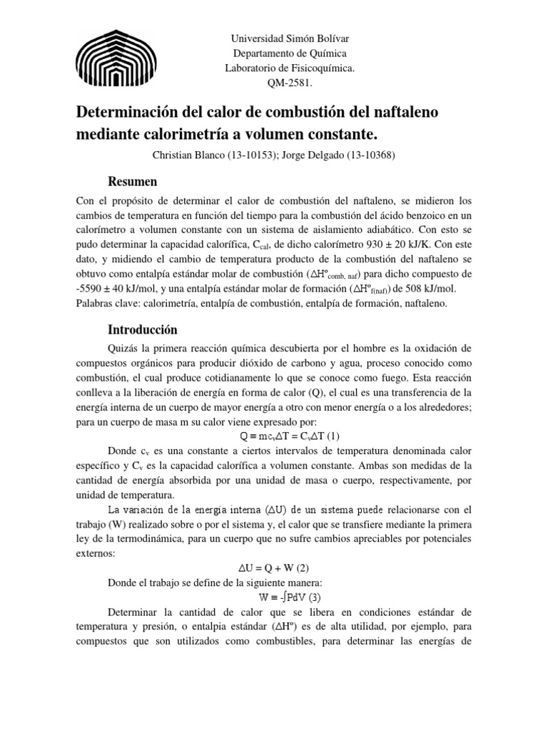 Calor de combustión del naftaleno | PDF | Entalpía | Calor