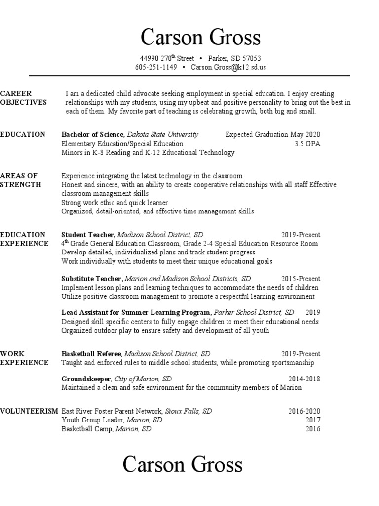 Resume Carson Gross | PDF | Special Education | Teachers
