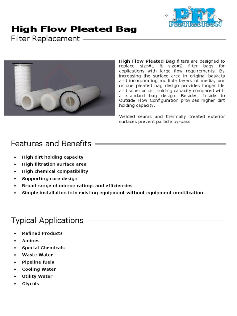 PFI HFB High Flow Pleated Bag Filter Cartridge | PDF | Filtration | Soil