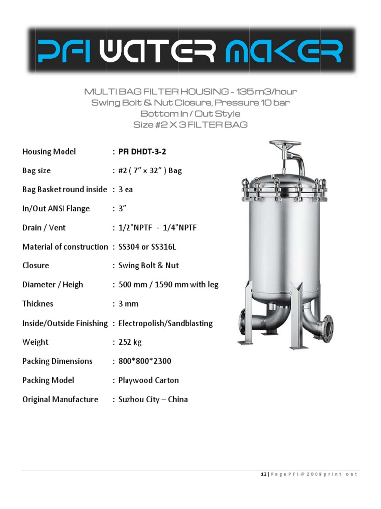 PFI DHDT-3-2 MULTI BAG FILTER HOUSING Data Sheet