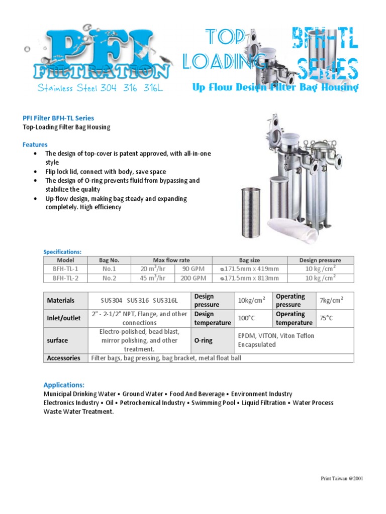 BFH-TL Series PFI Top Loading Housing Bag Filter | PDF | Filtration | Water