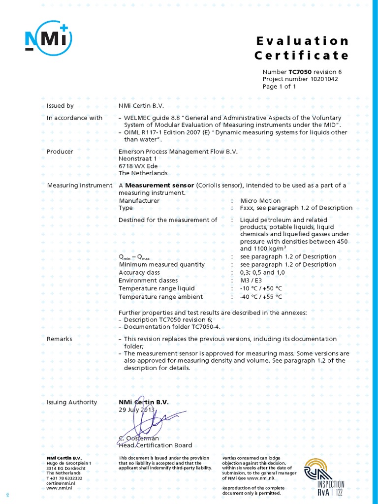 Certificate Mid Certificate tc7050 Rev 6 F Series Micro Motion en 65310 ...