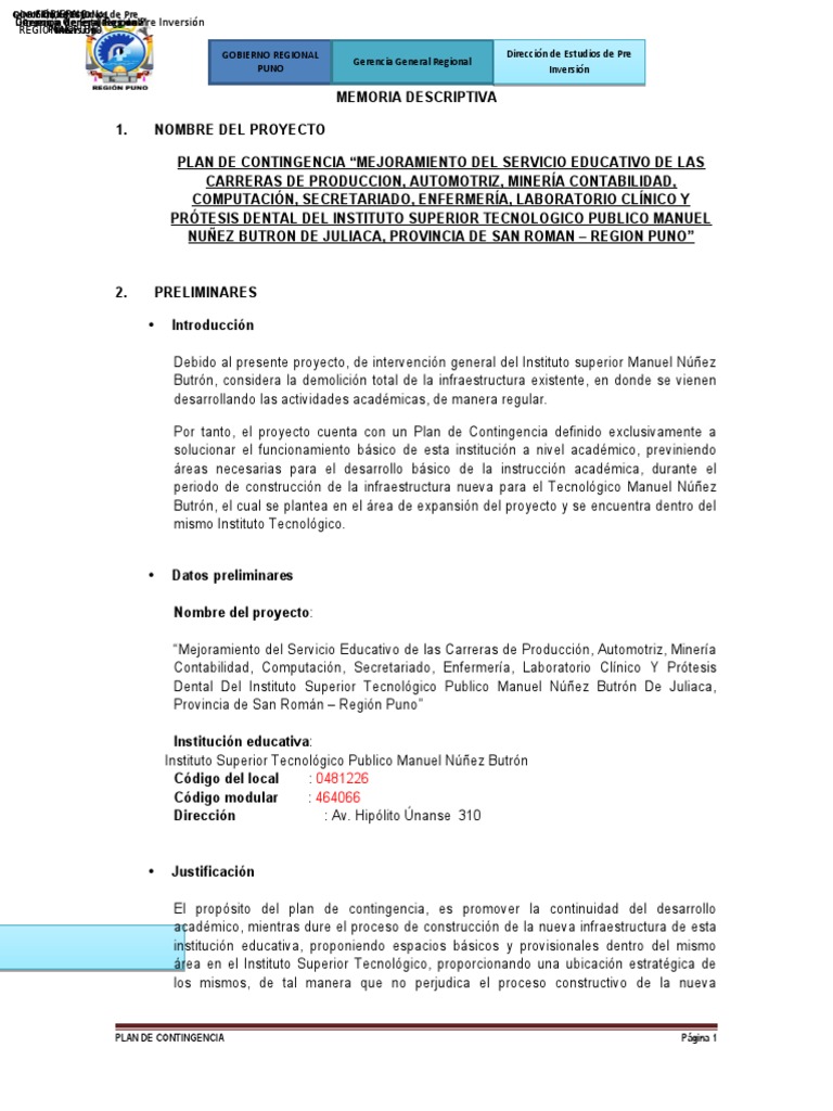 MEMORIA DESCRIPTIVA Plan de Contingencia MNB GG | PDF | Maestros ...