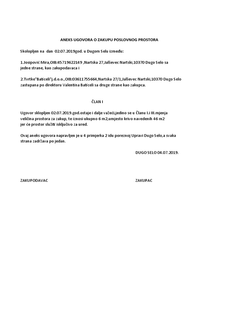 Aneks Ugovora o Najmu | PDF