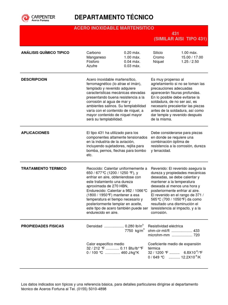 Ficha Tecnica para El Acero Inoxidable AISI 431 | PDF | Acero inoxidable | Acero
