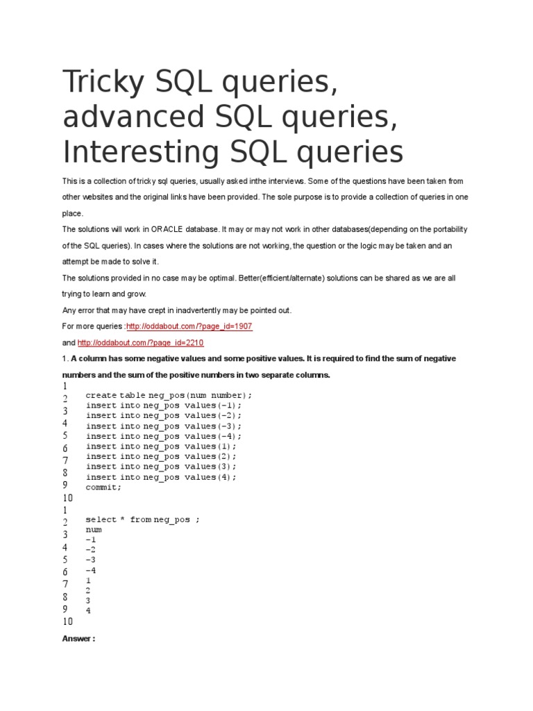 Tricky SQL Queries For Interview | PDF | Sql | Databases