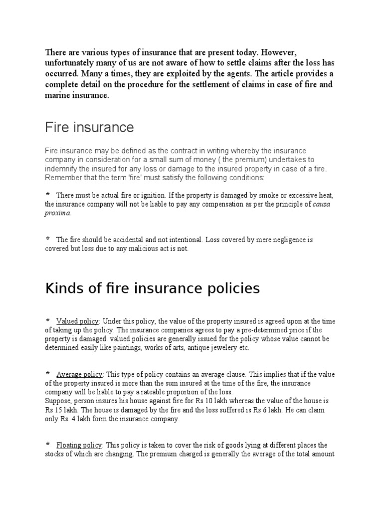 1.-Procedure For Settlement of Claim Under Fire Insurance. 2 ...