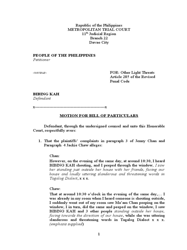 Motion For Bill of Particulars | PDF | Pleading | Public Law