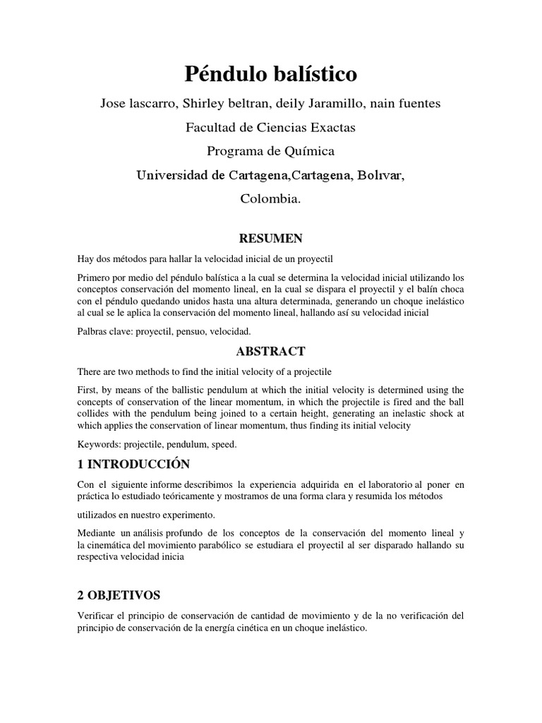 Velocidad Inicial con Péndulo Balístico | PDF | Energía cinética ...