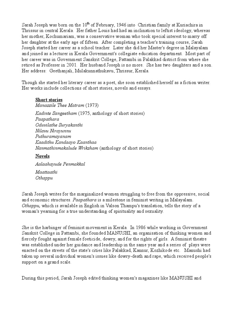 Sarah Joseph | PDF | Woman | Gender