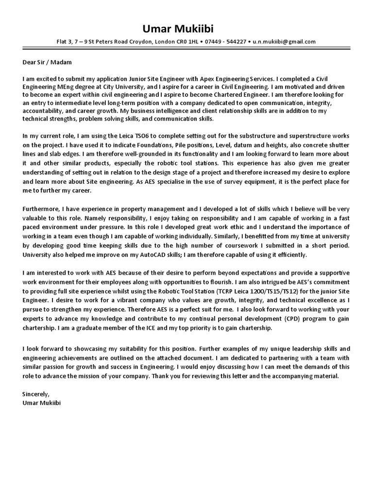 Junior Site Engineer Application Cover Letter | PDF | Engineering | Cognition