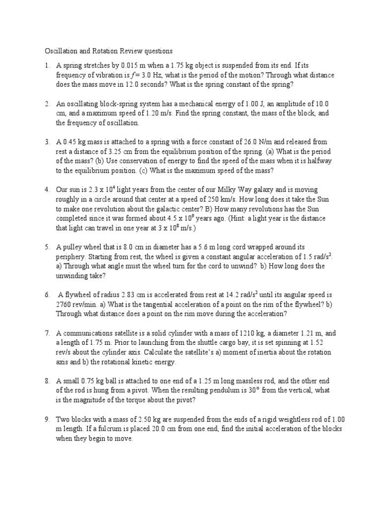 Oscillation and Rotation Review Questions | PDF | Rotation Around A Fixed Axis | Mass