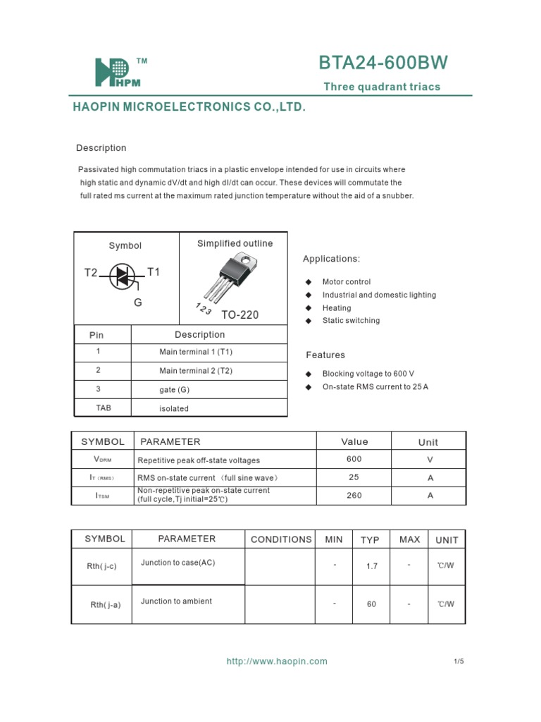 Bta24 600bw Datasheet PDF | PDF | Electrical Components | Computer Engineering