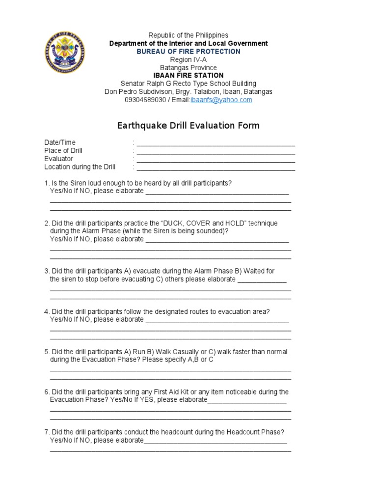 Earthquake Drill Evaluation Form 1 | PDF | Emergency Evacuation | Hazards
