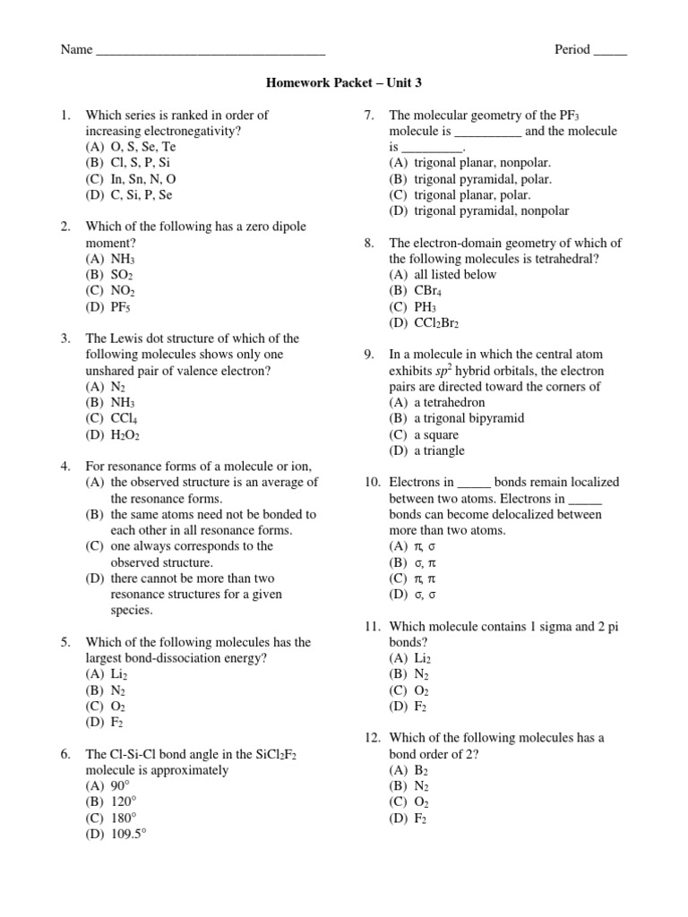 Homework Packet - Unit 3 PDF | PDF | Chemical Polarity | Chemical Bond