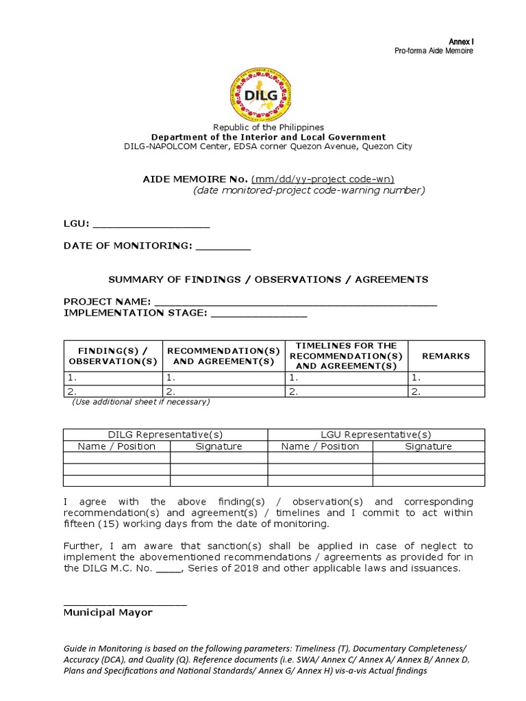 Pro-forma Aide Memoire Template | PDF | Government