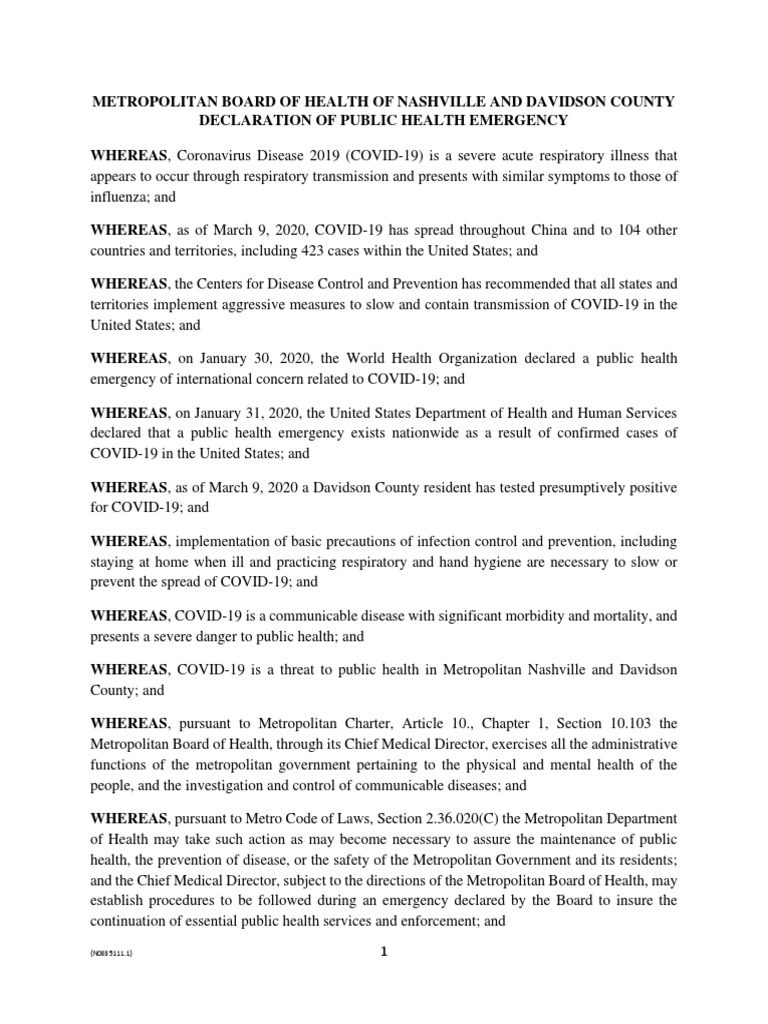 BOH Declaration of Public Health Emergency | PDF | Quarantine | Public ...