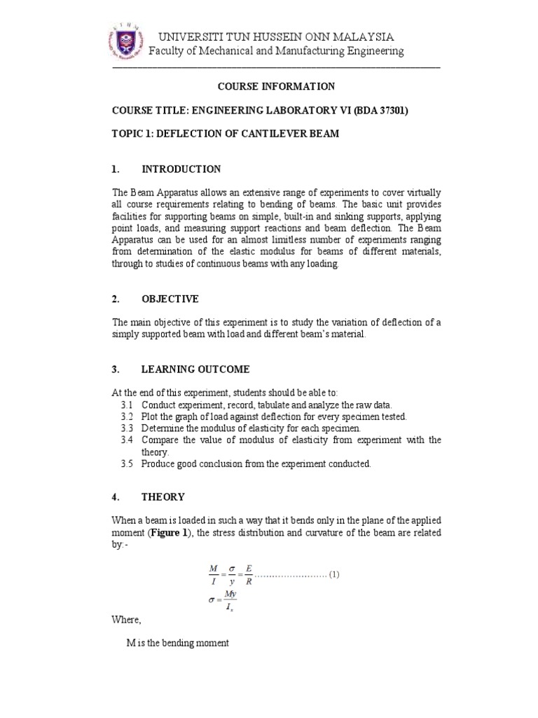 Deflection of Cantilever Beam Lab Sheet | PDF | Beam (Structure) | Bending