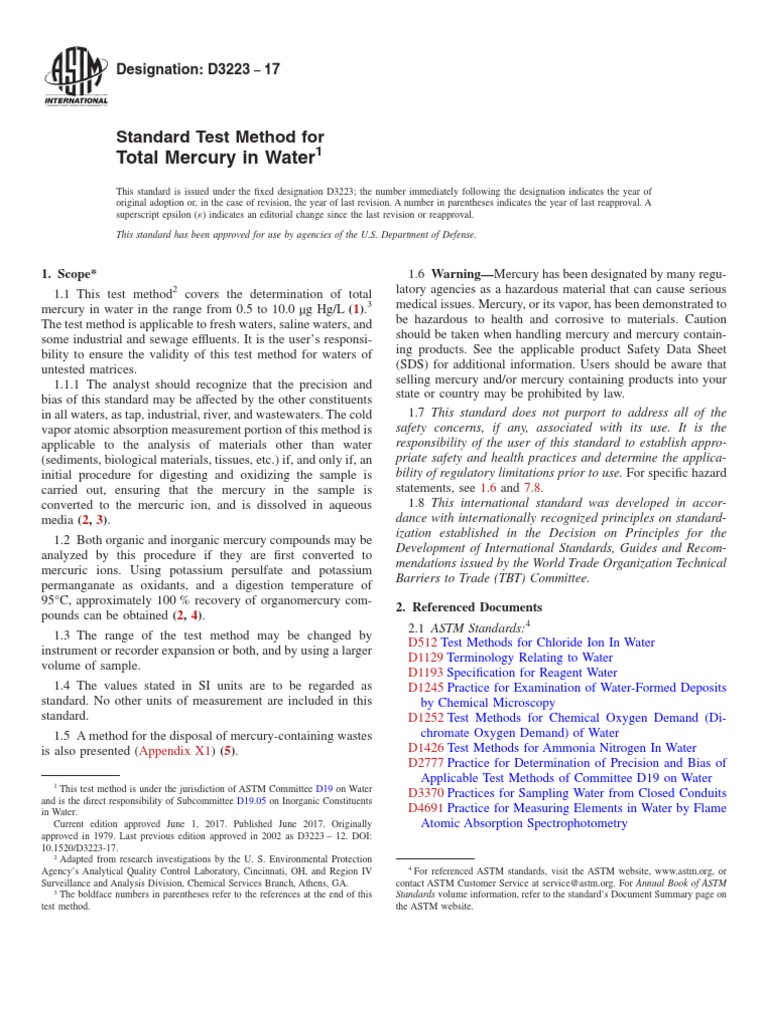 D3223 22337 Standard Test Method For Total Mercury In Water Pdf