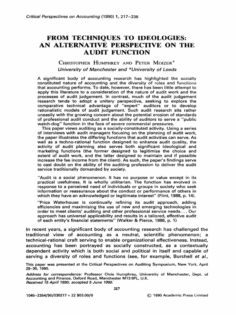 From Techniques To Ideologies An Alternative Perspective On The Audit ...
