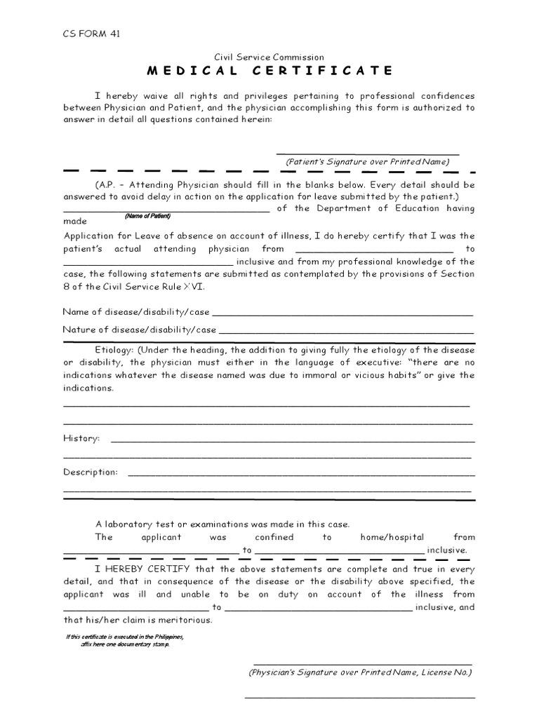 DepEd CS Form 41 Medical Certificate | PDF | Physician | Medicine