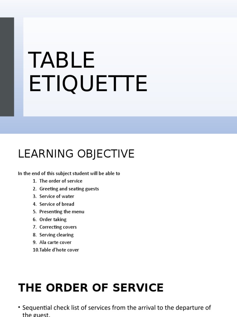 Table Etiquette | PDF | Waiting Staff | Cutlery
