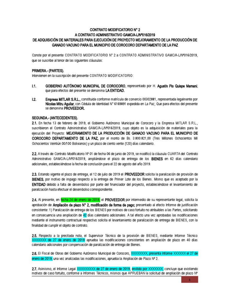 CONTRATO MODIFICATORIO MITLAR - GAM (Propuesta) 2 | PDF | Gobierno
