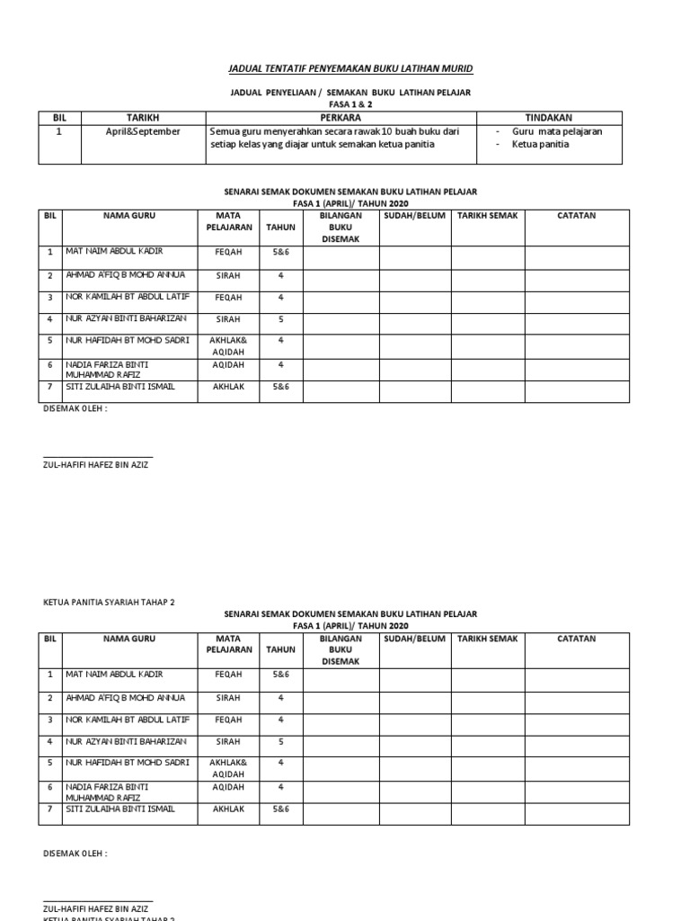 Jadual Semakan Buku Latihan Murid | PDF