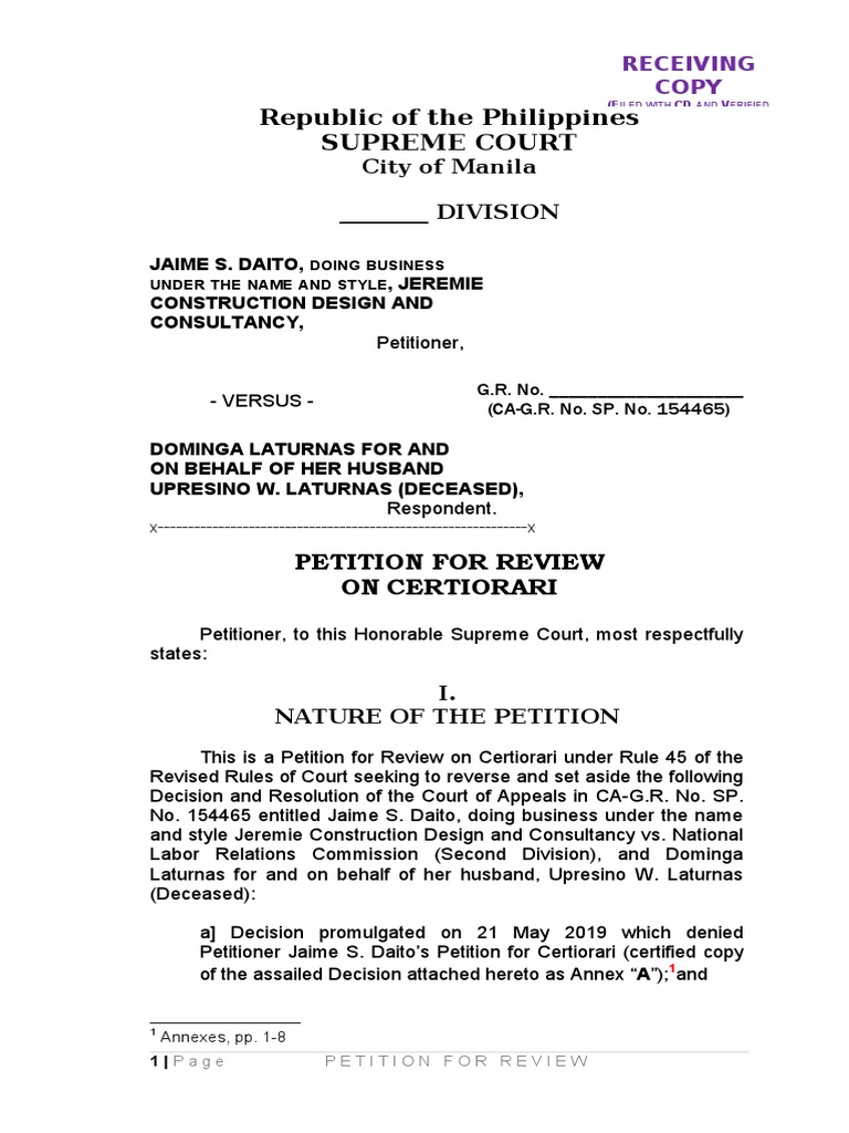 5 - PETITION FOR REVIEW - Edited | PDF | Employment | Certiorari