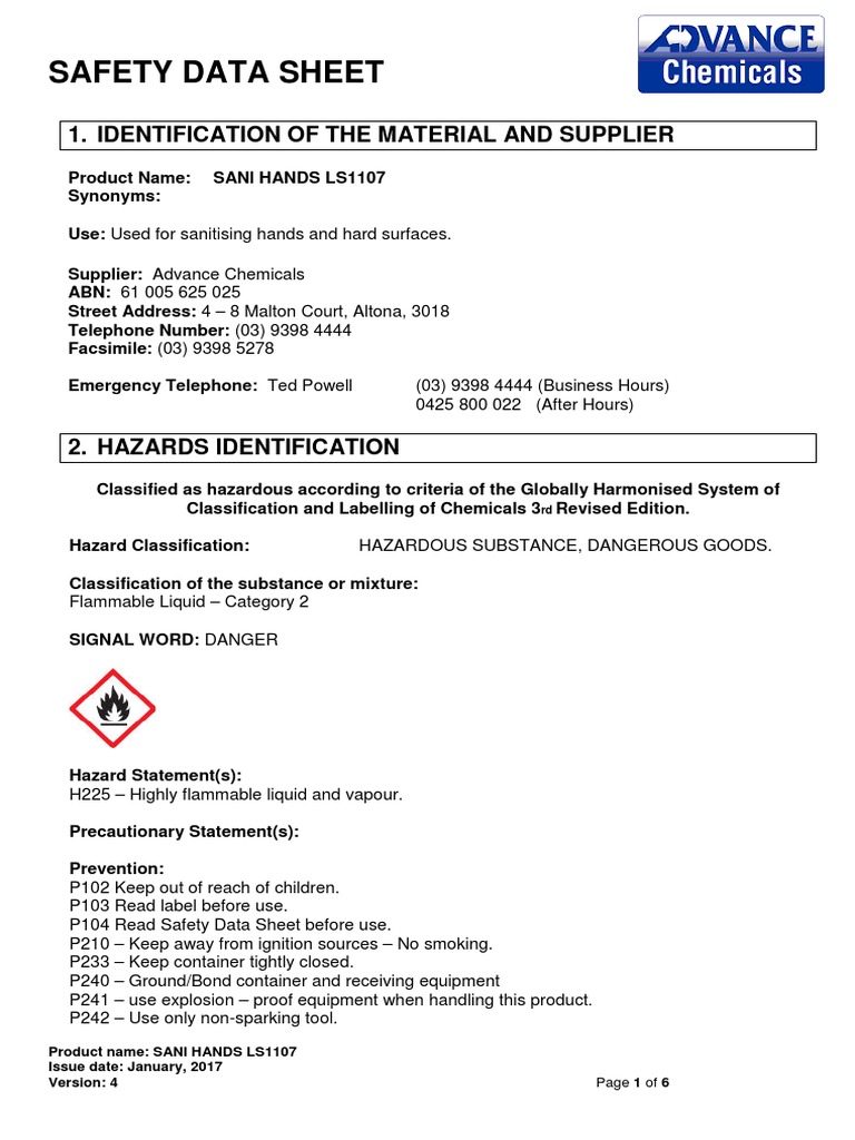 1107 Sani Hands Sds | PDF | Dangerous Goods | Safety