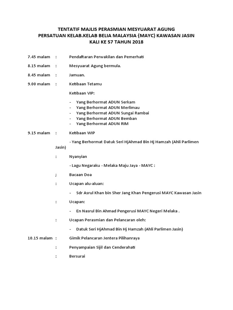 Tentatif Majlis Perasmian Mesyuarat Agung | PDF