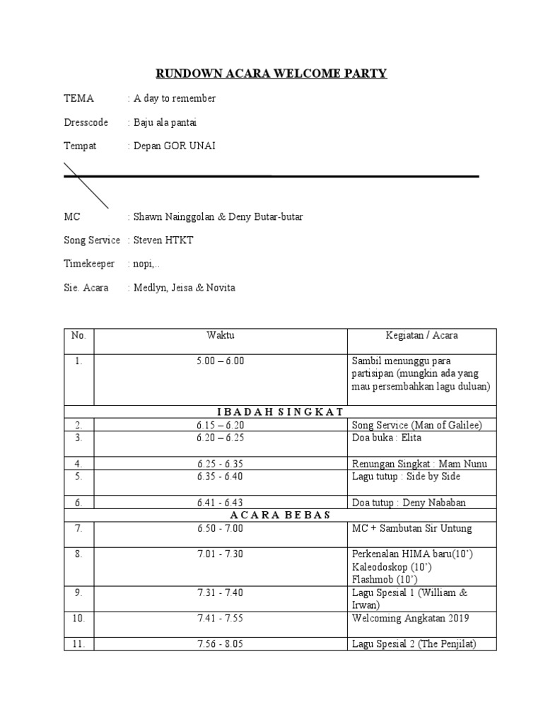 Rundown Acara Welcome Party | PDF | Seni