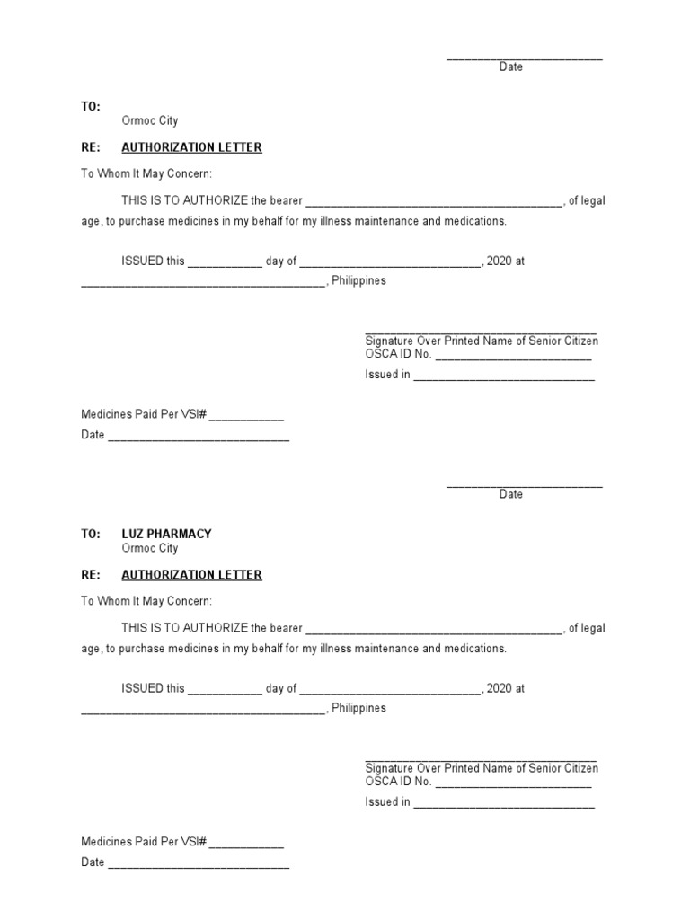 Authorization Letter Buy Medicine | PDF
