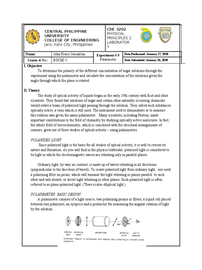 Polarimetry Experiment Lab Report PDF) Physical Chemistry Lab Report