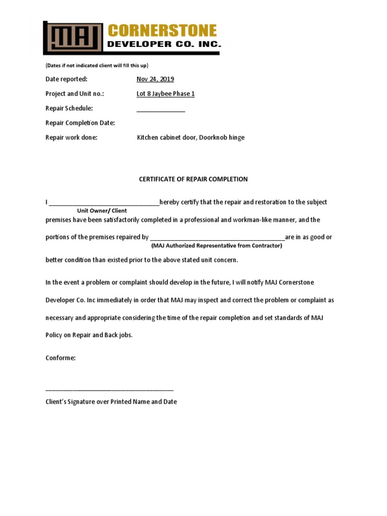 Certificate of Repair Completion | PDF | Finance & Money Management
