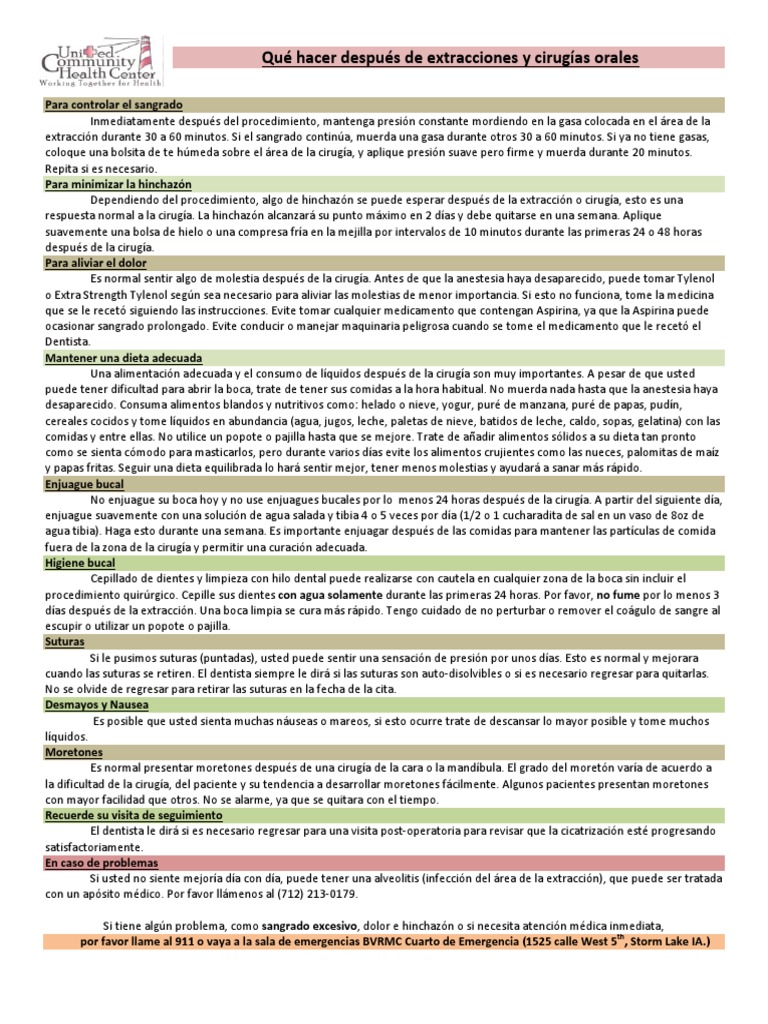 Cuidados Post Extracción Dental en Español | PDF | Higiene oral ...