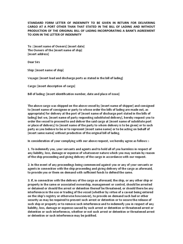 Standard Indemnity Letter for Cargo Release | PDF | Indemnity | Bill Of ...