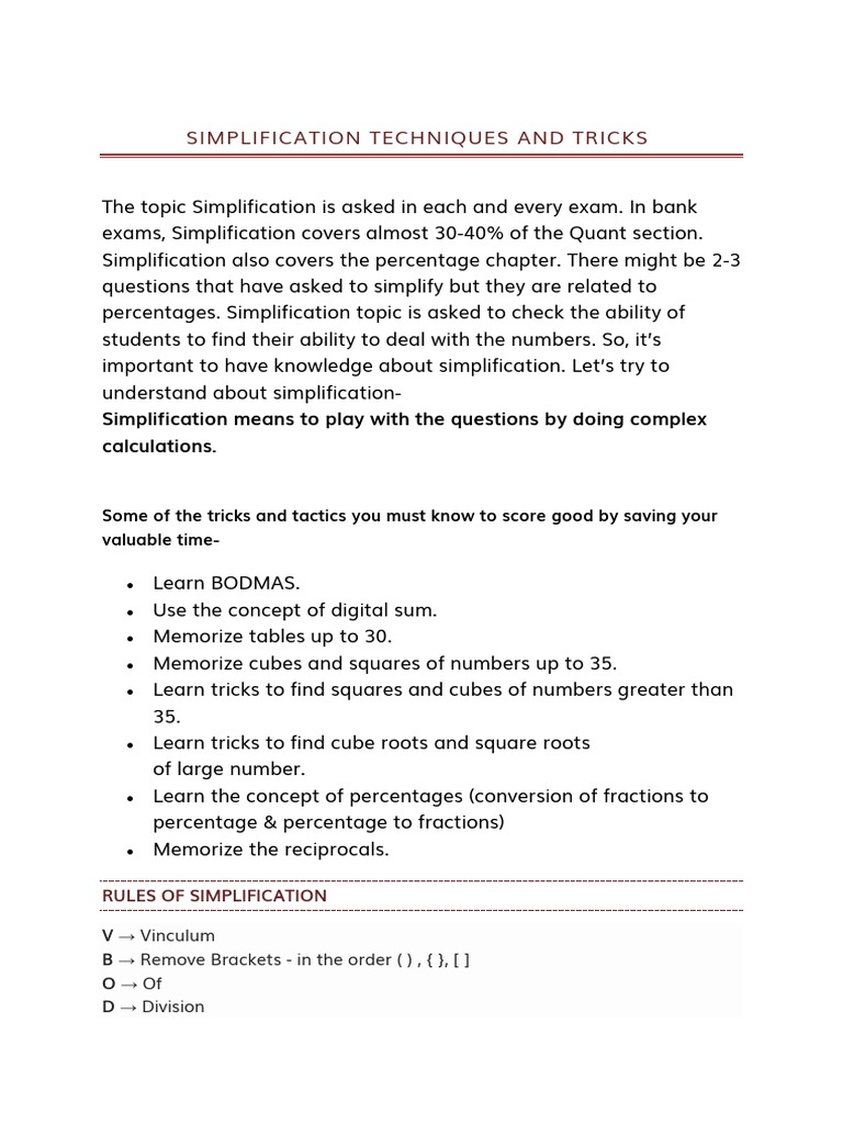 Simplification Techniques and Tricks PDF | PDF | Fraction (Mathematics ...