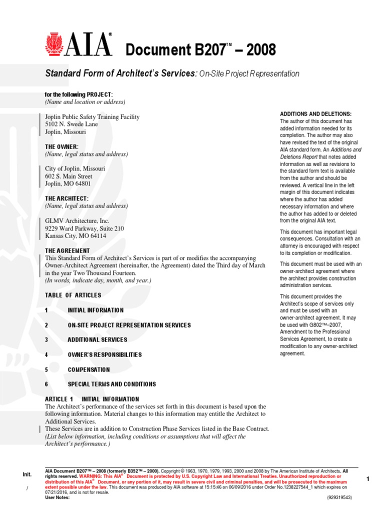 AIA B207 Standard Form of Architect Services | PDF | Architect ...