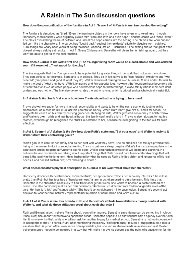 A Raisin in The Sun Questions | PDF | Prometheus | Leadership