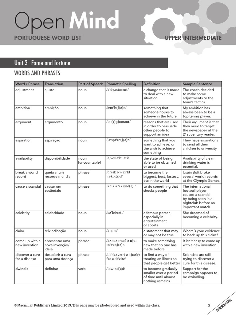 Open Mind Upper Intermediate Unit 3 Wordlist - Portuguese | PDF | Noun | Phrase
