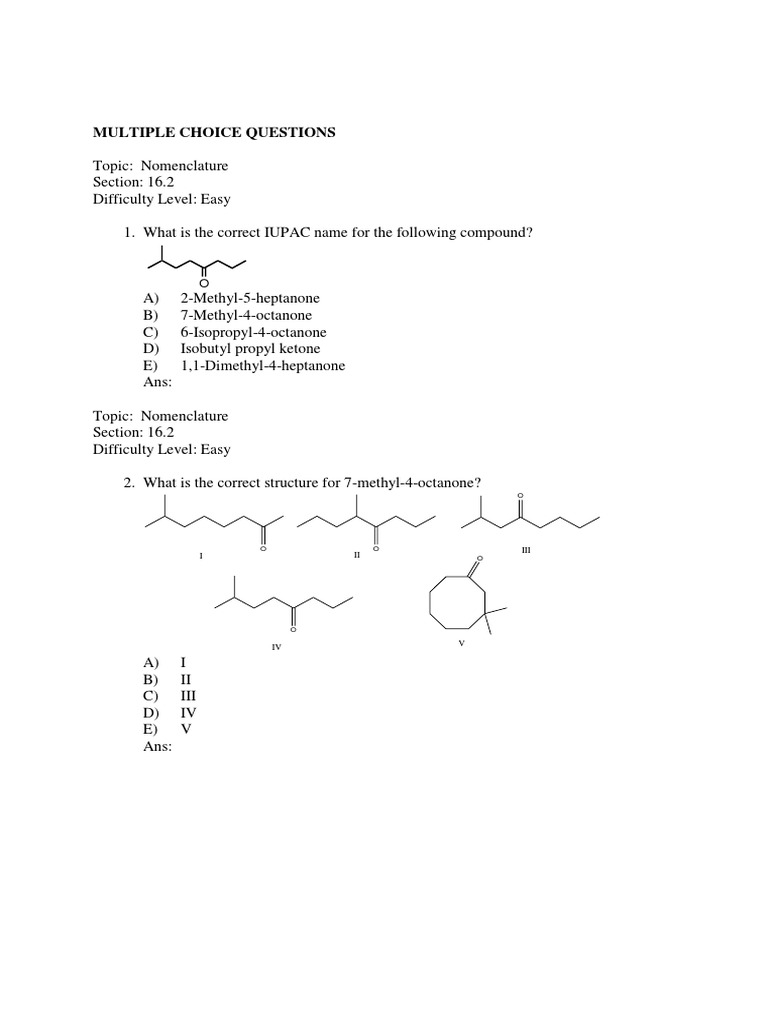 MULTIPLE CHOICE QUESTIONS-Carbonyl Compound | PDF | Carboxylic Acid ...