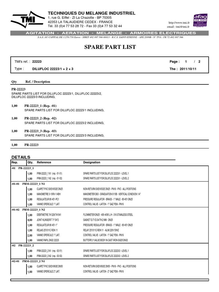 DSA 2011 01967 - Spare Parts List | PDF | Valve | Fluid Mechanics