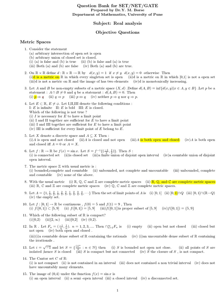 Real Analysis Question Bank by Borse | PDF | Maxima And Minima | Metric ...