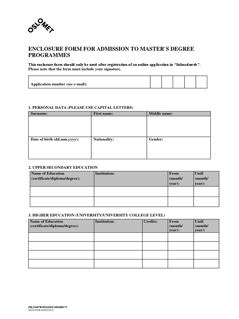 Enclosure Form for Master's Admission | PDF